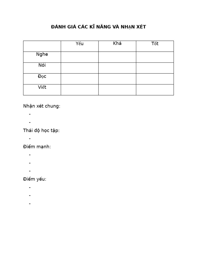 Y U Khá T T Nghe Nói Đ C Vi T: Đánh Giá Các Kĩ Năng Và NH N Xét | PDF
