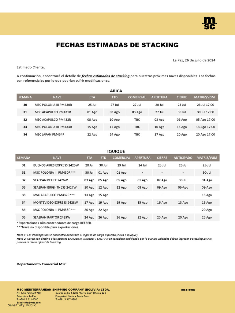 Fechas de Stacking MSC Bolivia 2024 | PDF