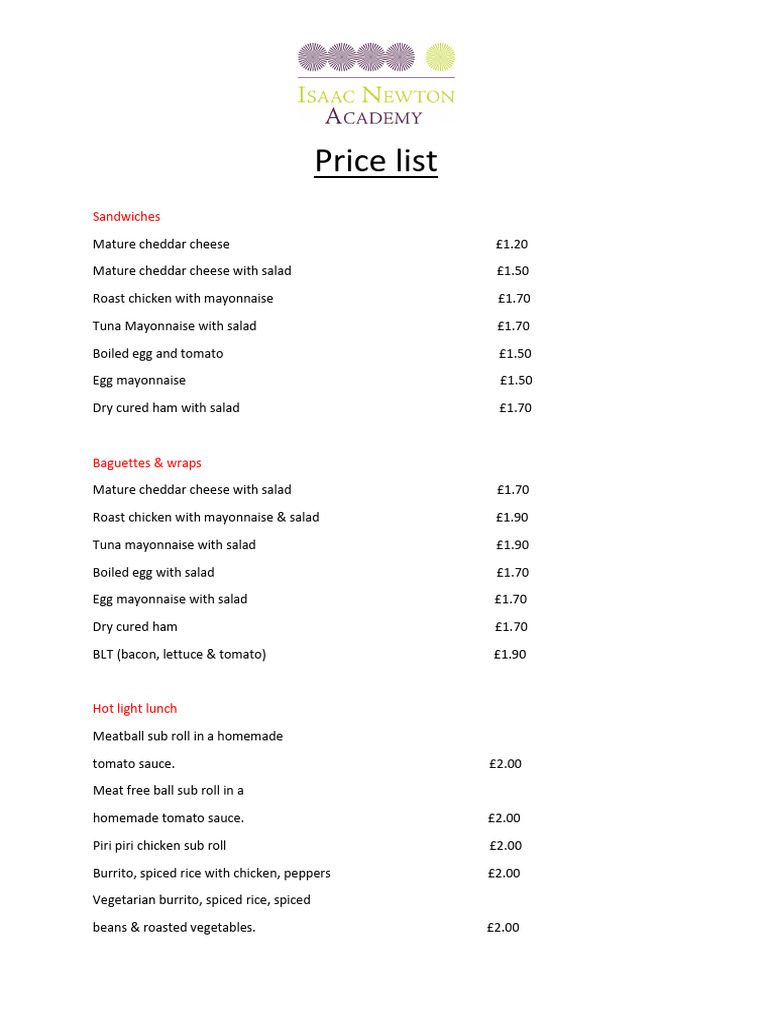 Catering Provision Price List - September 2021 | PDF