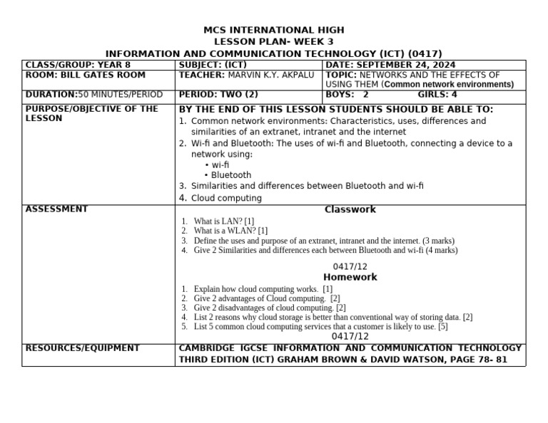 Year 8 Lesson Plan - Week 3 | PDF | Computer Network | Wi Fi
