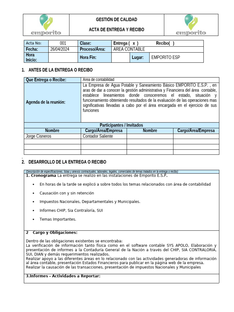 ACTA DE ENTREGA | PDF | Contador | Contabilidad