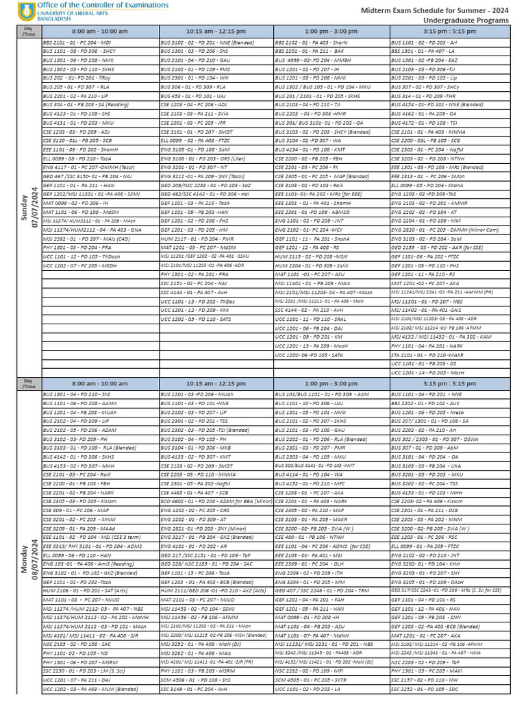 Undergraduate Midterm Exam Schedule For Summer 2024 | PDF | Bangladesh