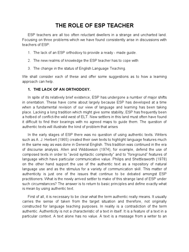 The Role of Esp Teacher | PDF | Teachers | Learning