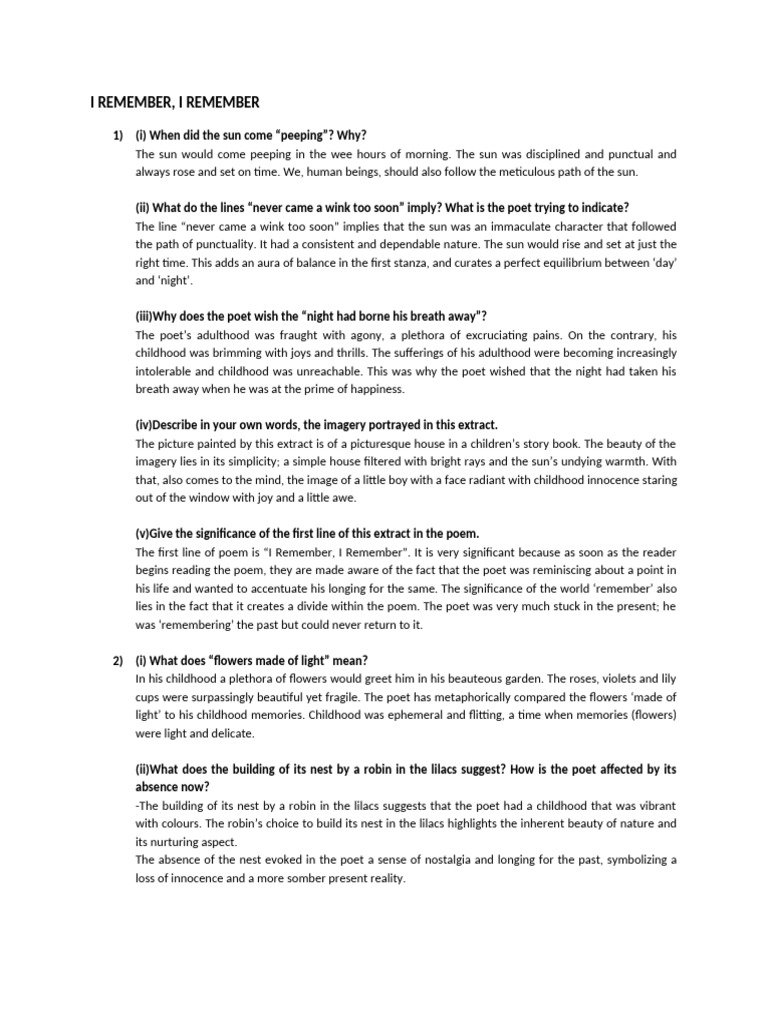 Questions on "I Remember, I Remember" | PDF