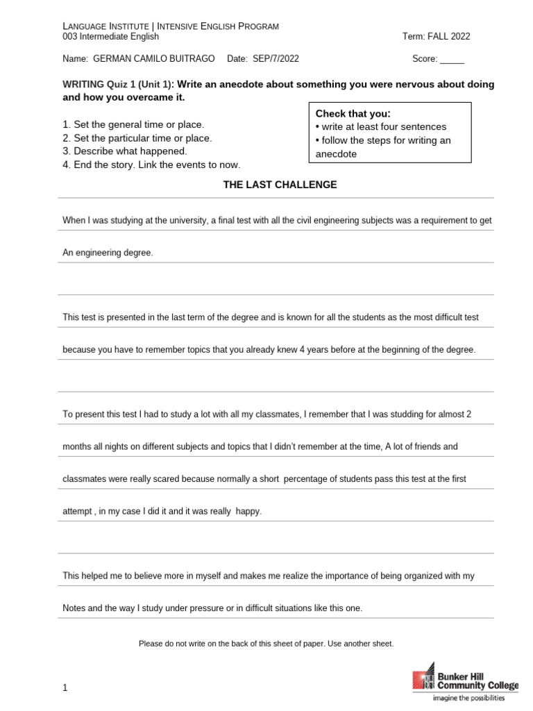Writing Quiz German Buitrago | PDF | Language Arts & Discipline