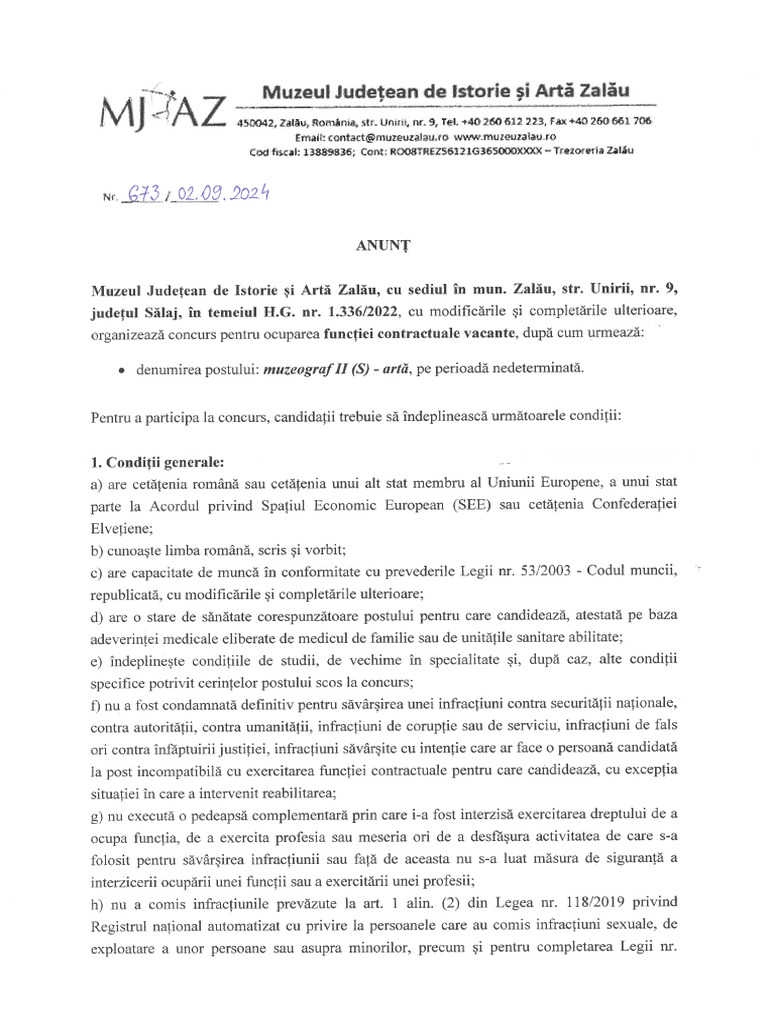 Anunt Concurs Muzeograf II | PDF