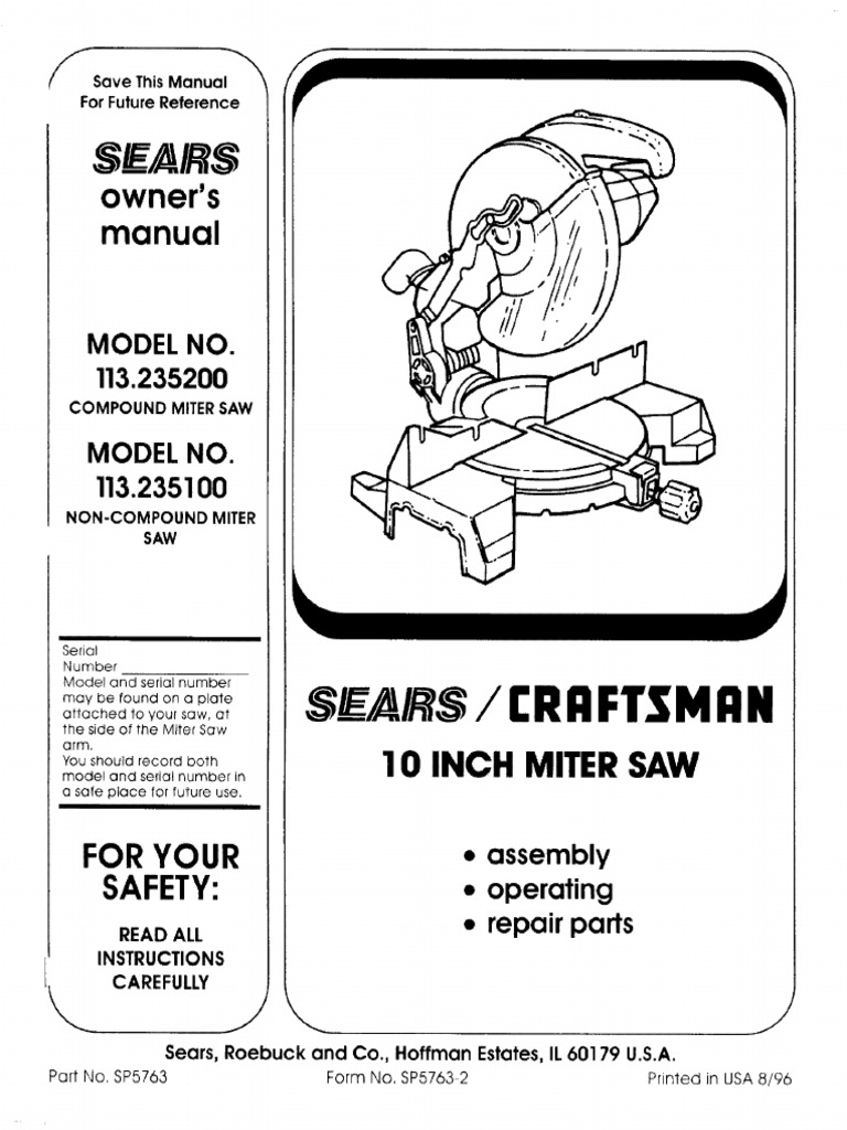Model # 113235200 Craftsman 10" Miter Saw Manual | PDF | Screw | Fuse ...