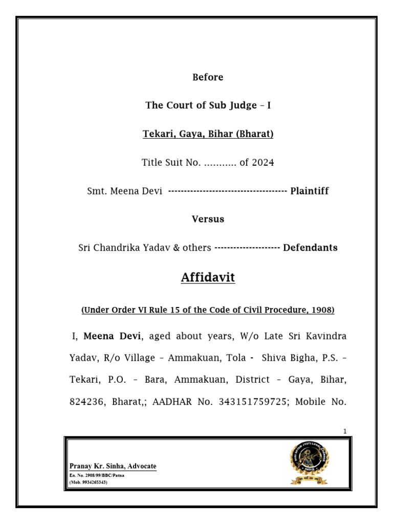 Plaint Meena Devi Tekari PS | PDF | Common Law | Public Law