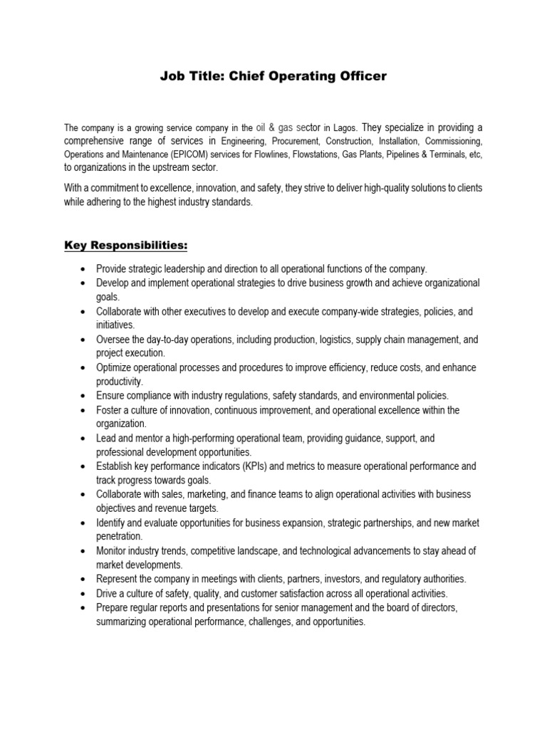 COO, Oil & Gas | PDF | Innovation | Performance Indicator