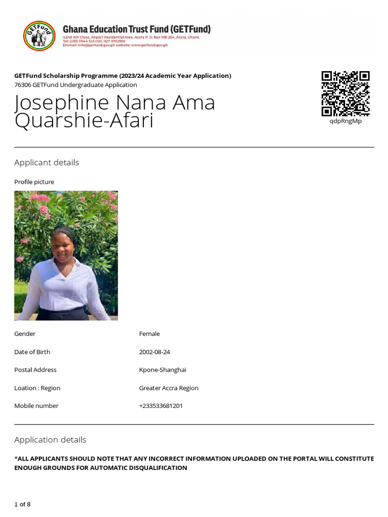 Josephine Nana Ama Quarshie-Afari: Applicant Details | PDF