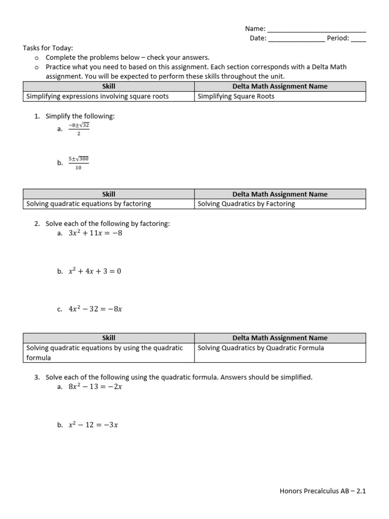 2.1 - Solving Quadratics Review | PDF | Quadratic Equation | Factorization