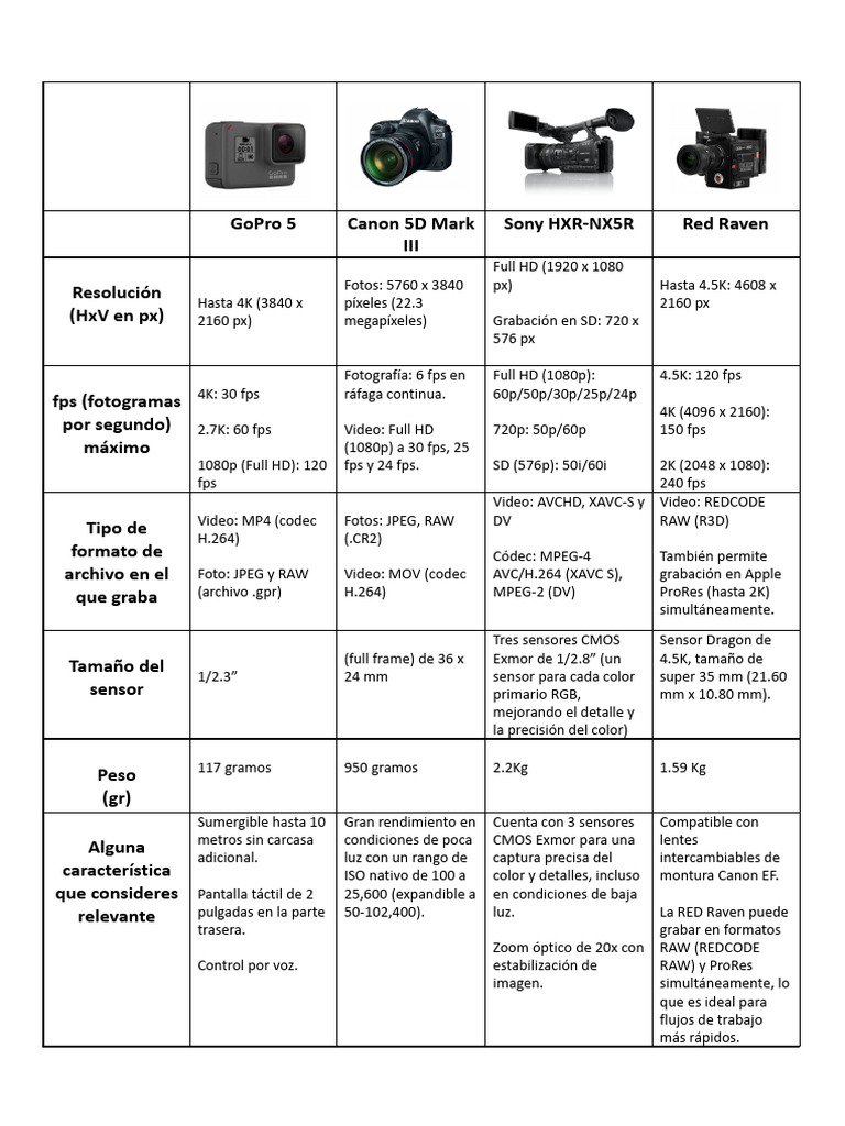Comparativa de cámaras: GoPro, Canon, Sony y RED | PDF | Vídeo ...