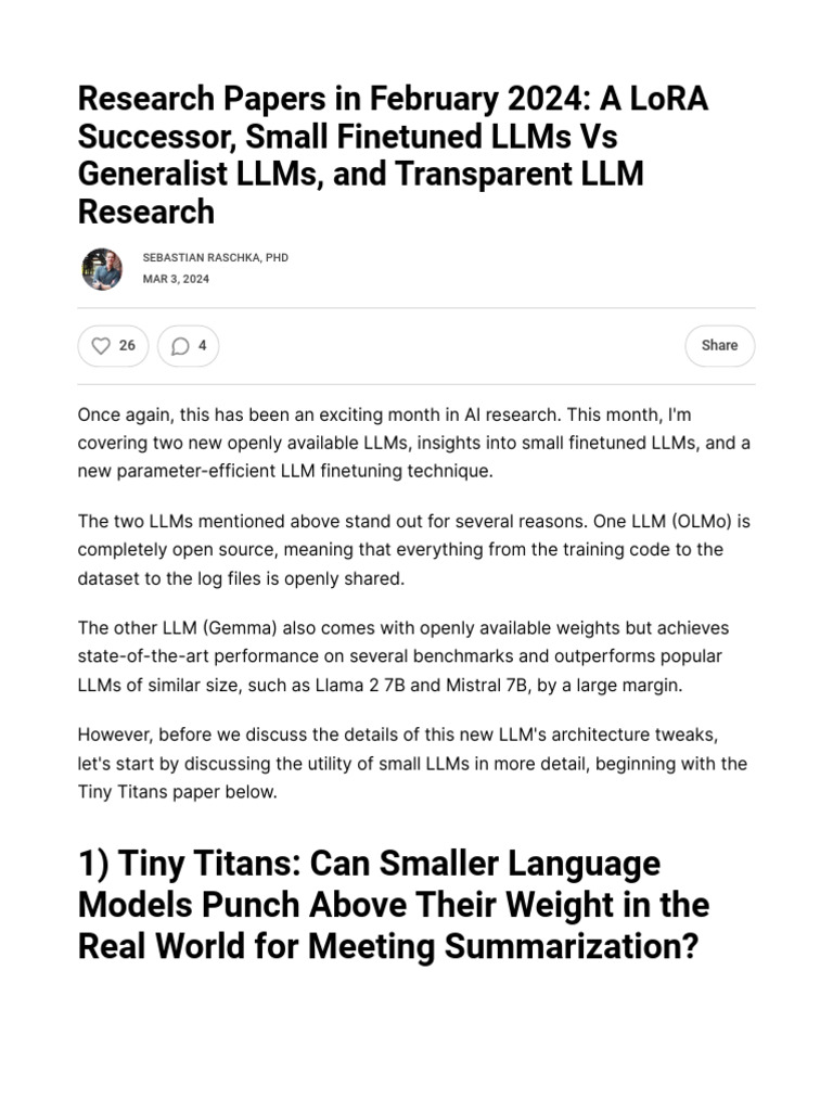 Research Papers in February 2024 - A LoRA Successor, Small Finetuned ...