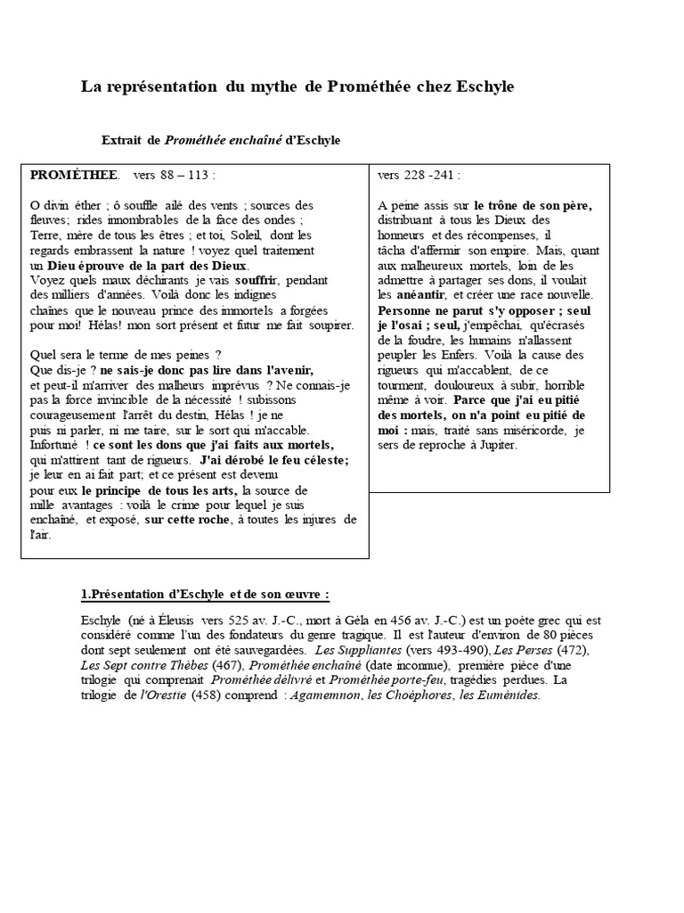 Prométhée chez Eschyle : Mythe et Tragédie | PDF