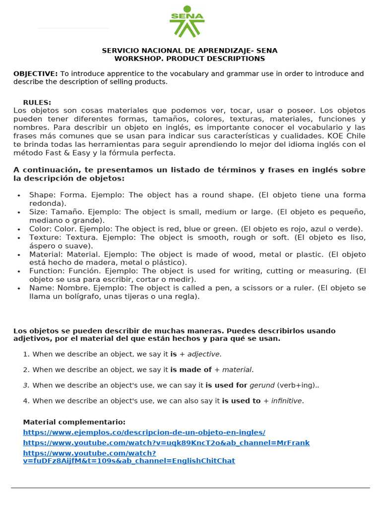 Describing Objects Workshop | PDF | Adjective | Linguistics