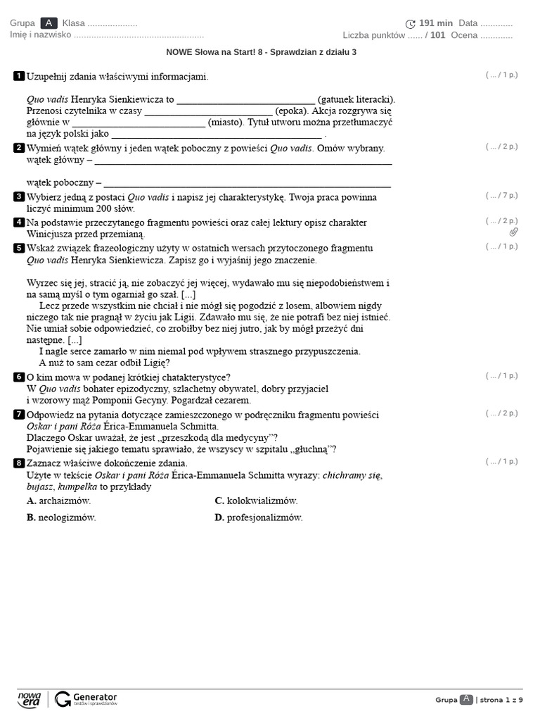 NOWE Słowa Na Start! 8 - Sprawdzian Z Działu 3 Test (Z Widoczną ...