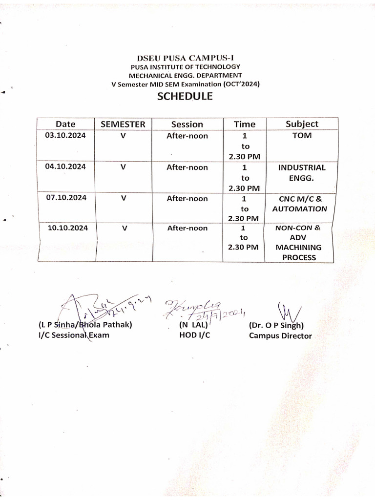 5th Mech Mid Sem Exam Date Sheet (Oct 2024) | PDF