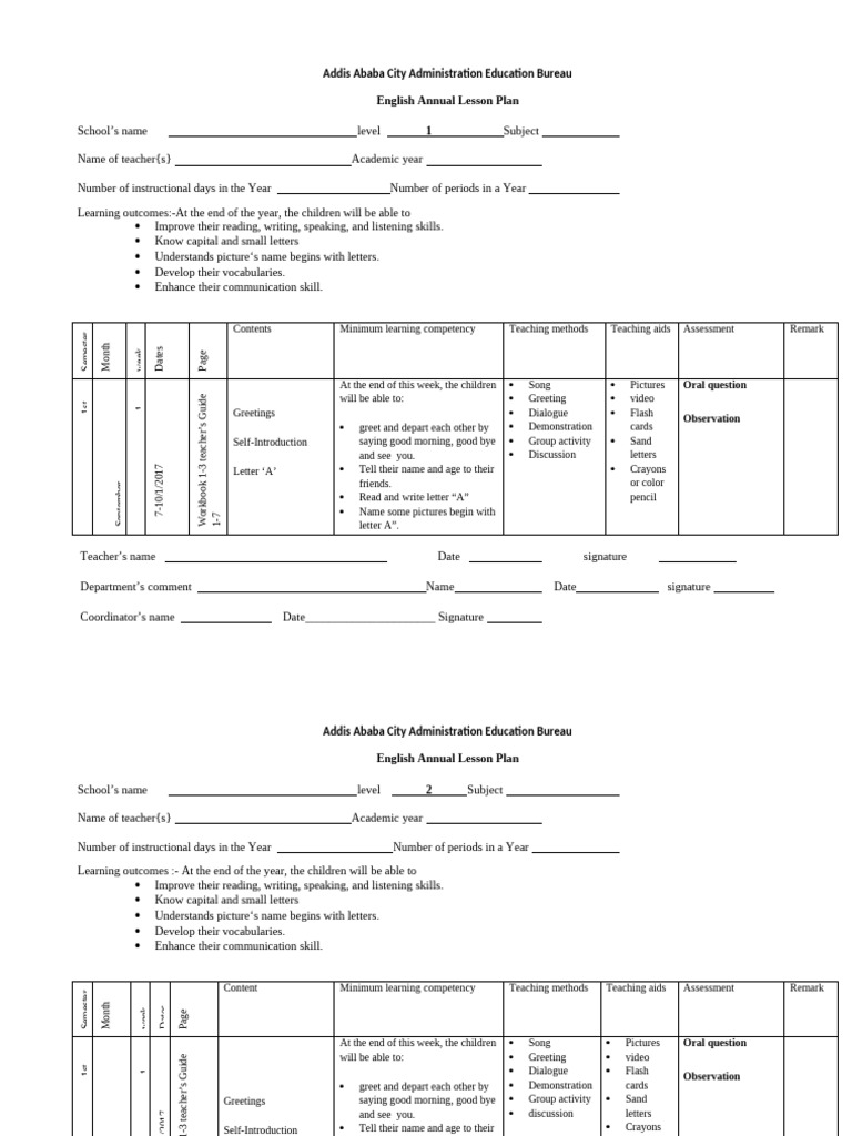 KG 1-3 English Annual Lesson Plan | PDF | Lesson Plan | Teaching Method
