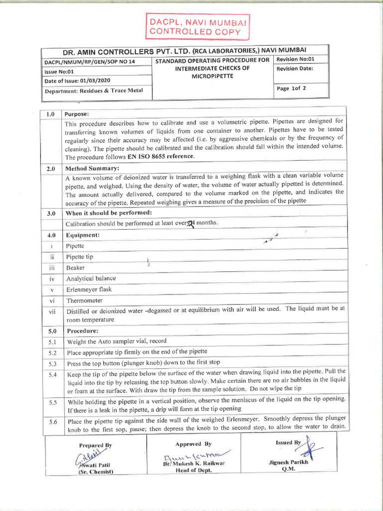 GEN - SOP - 14 - Intermediate Checks of Micro Pipettee | PDF