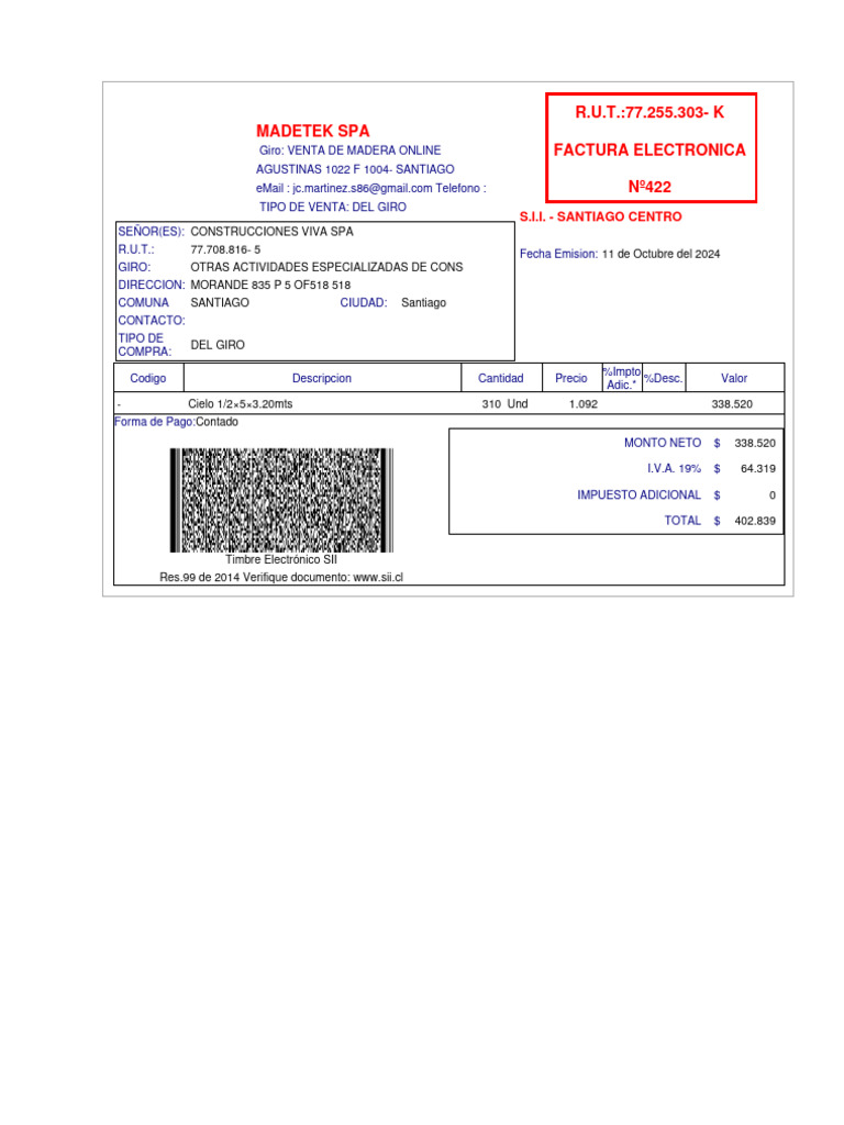 Madetek Spa R.U.T.:77.255.303-K Factura Electronica Nº422: S.I.I. - Santiago Centro | PDF