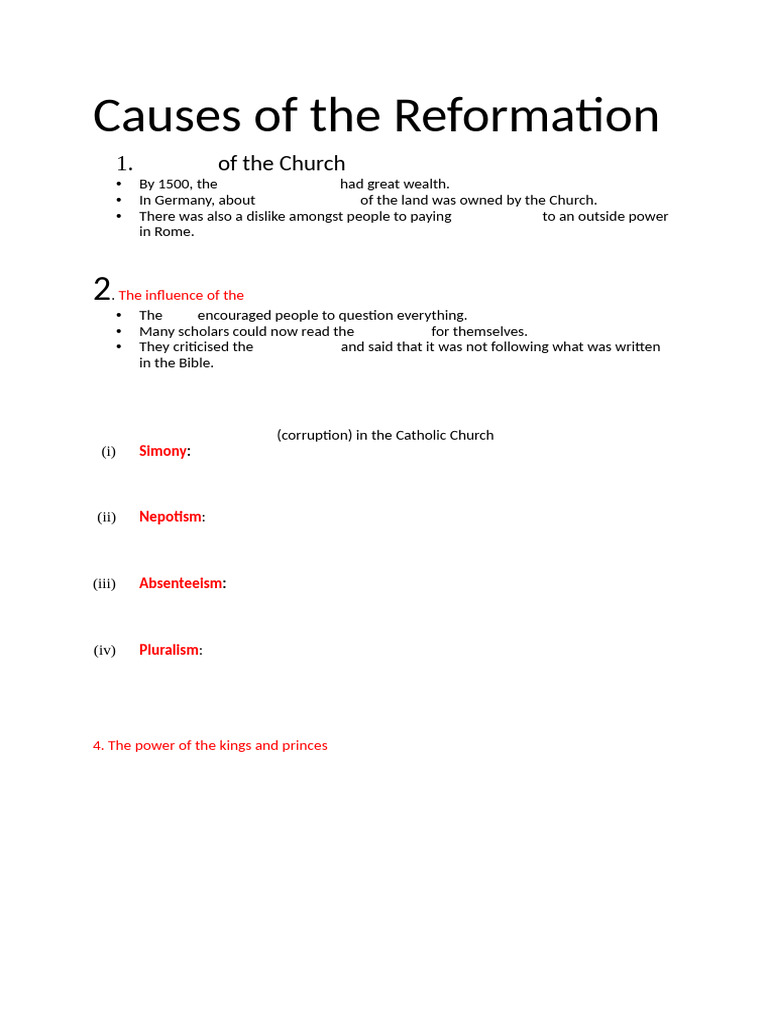 Causes of The Reformation Notes Sheet | PDF | Social Science | Religion ...
