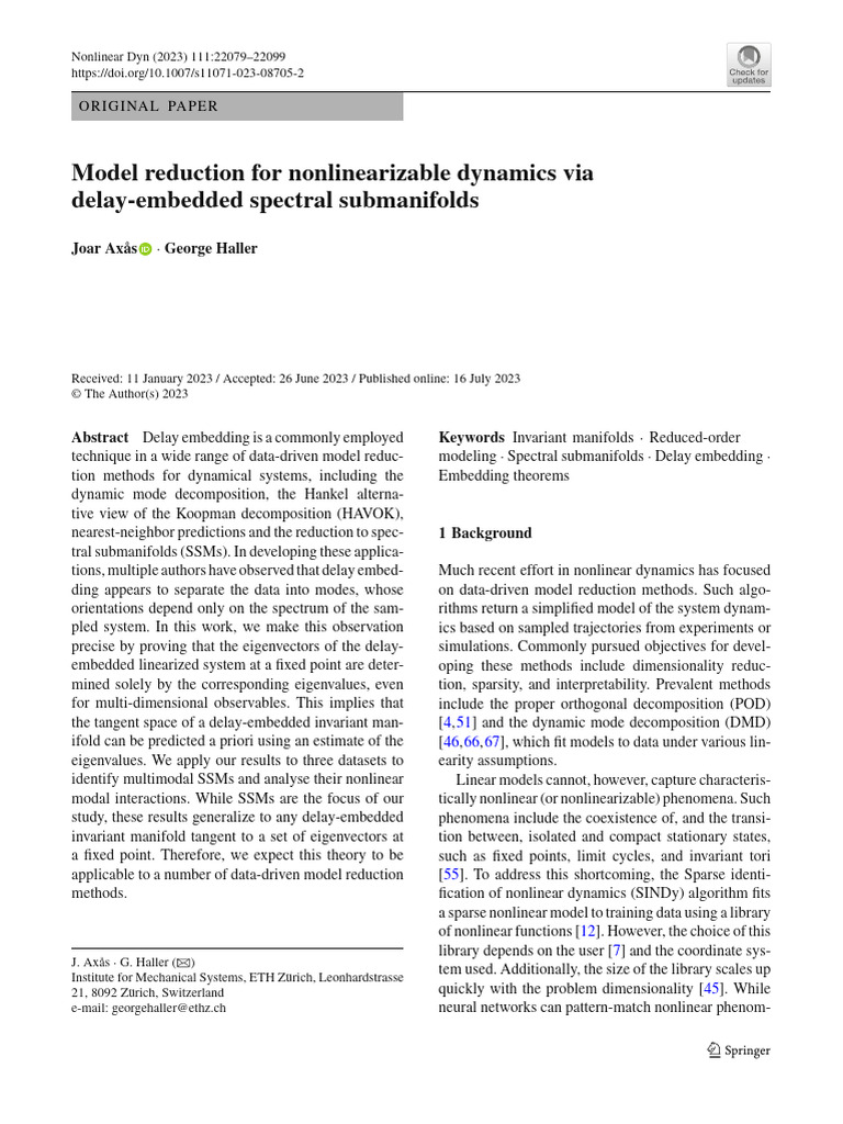 Model Reduction For Nonlinearizable Dynamics Via Delay-Embedded Spectral Submanifolds | PDF ...