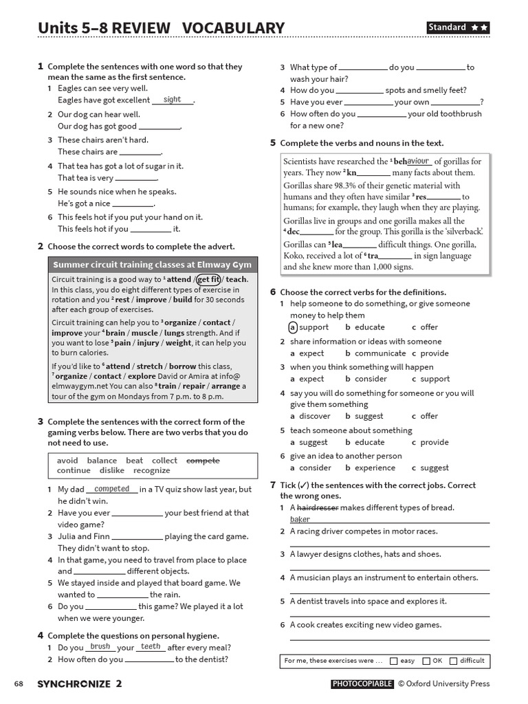 Synchronize2 TRB Worksheets Review5-8 Standard Vocabulary | PDF | Gorilla | Linguistics