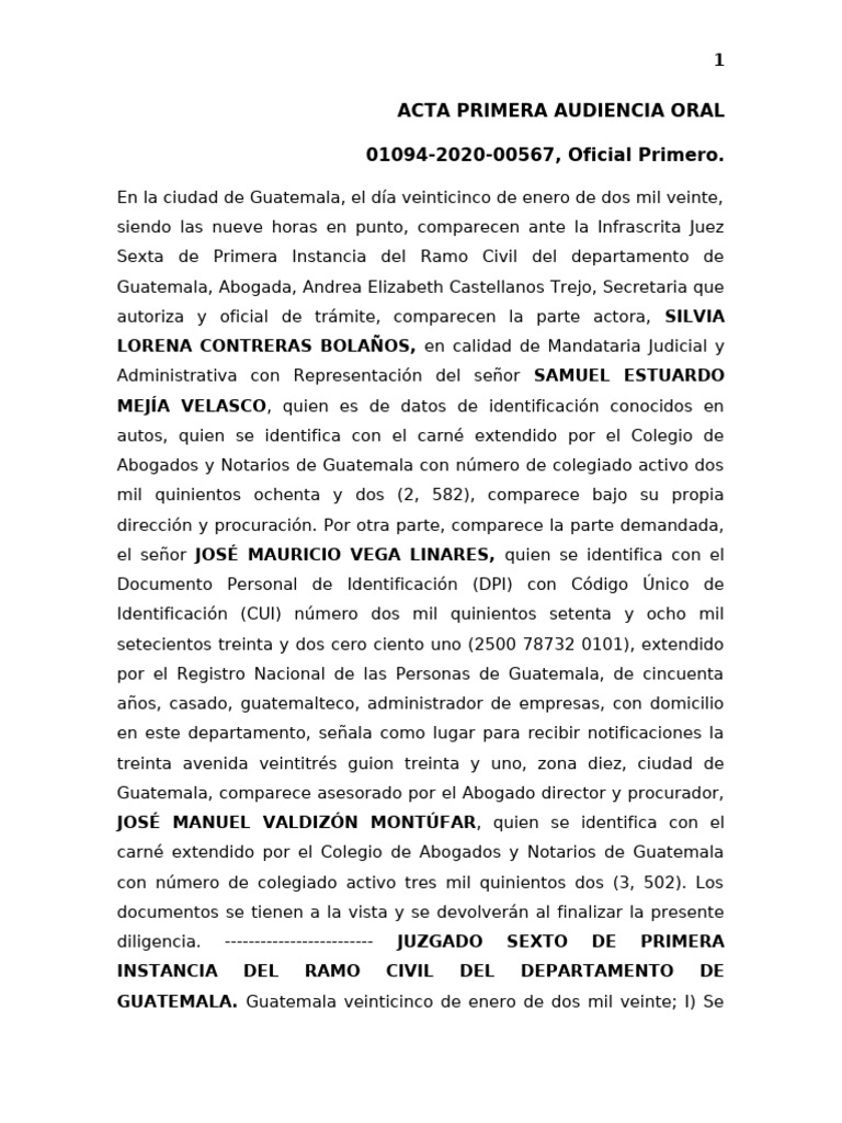 ACTA DE AUDIENCIA ORAL - HDT 1 | PDF | Demanda judicial | Ley procesal