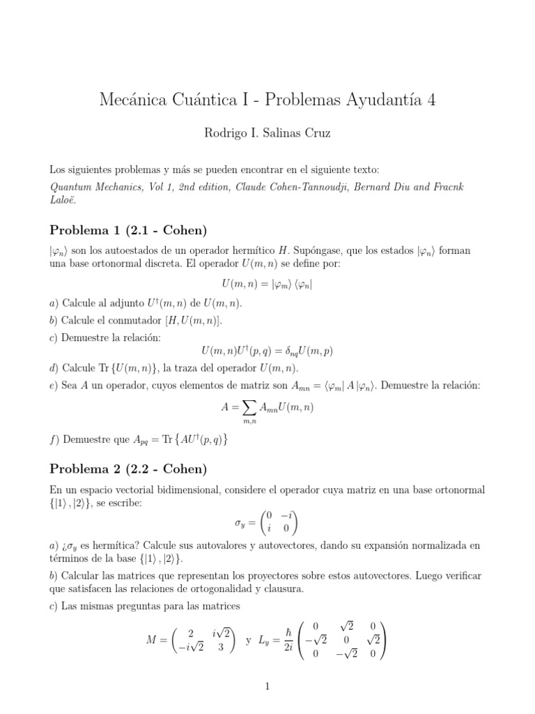 Problemas Mecánica Cuántica I | PDF | Valores propios y vectores ...