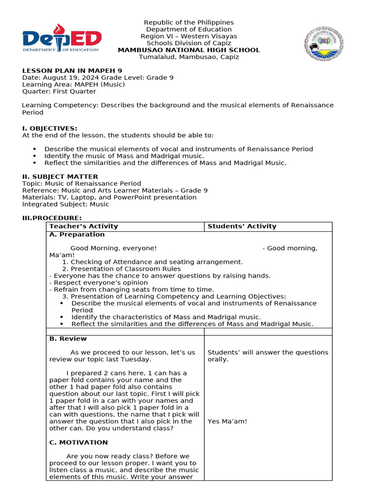 MAPEH 9 Lesson Plan: Renaissance Music | PDF