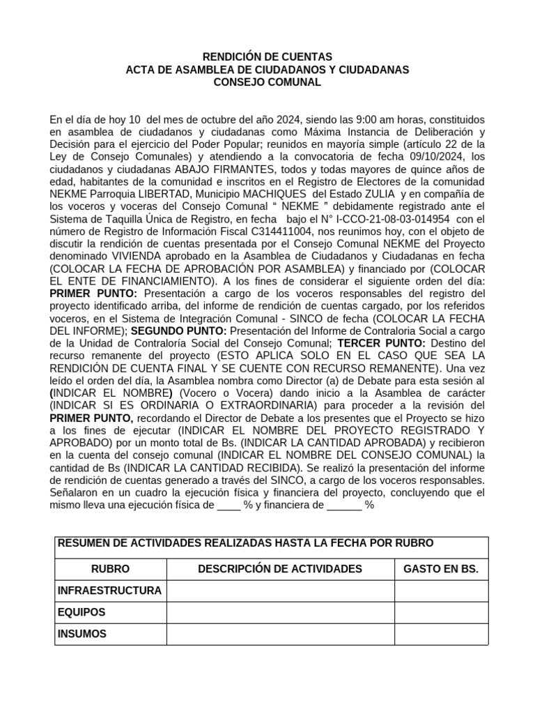 Modelo Acta Asamblea Rendicion Consejo Comunal | PDF | Responsabilidad | Gobierno