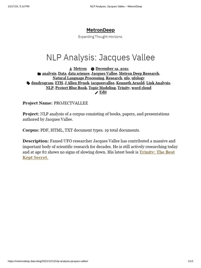 NLP Analysis - Jacques Vallee - MetronDeep | PDF | Unidentified Flying Object | Science