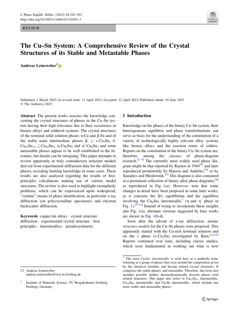 The Cu–Sn System: A Comprehensive Review of the Crystal Structures of ...