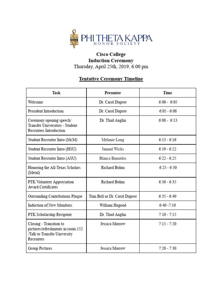 2019 PTK Induction Ceremony Program Timeline | PDF | Science & Mathematics