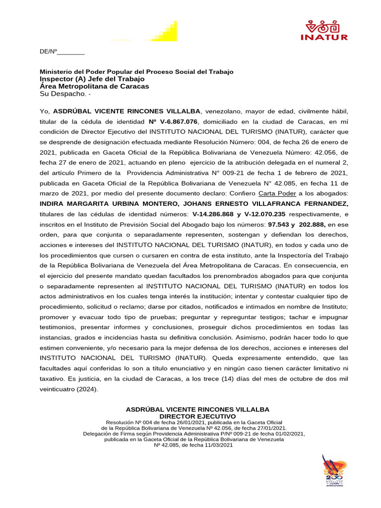 Carta Poder Inatur | PDF | Documento de identidad | Venezuela