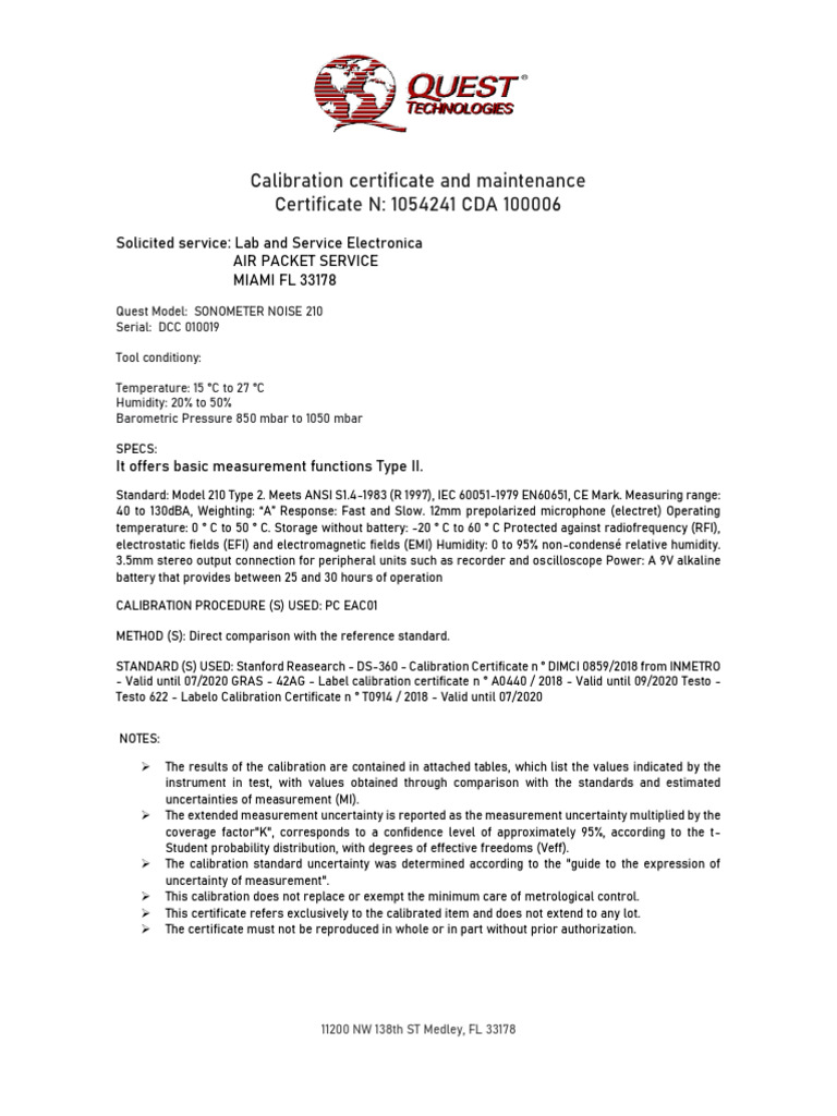 Pagina 1 Sonometro Quest 210 | PDF | Calibration | Measurement