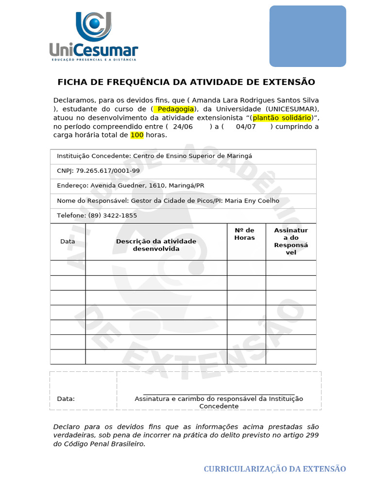 Ficha de Frequencia e Atividade UNICESUMAR | PDF