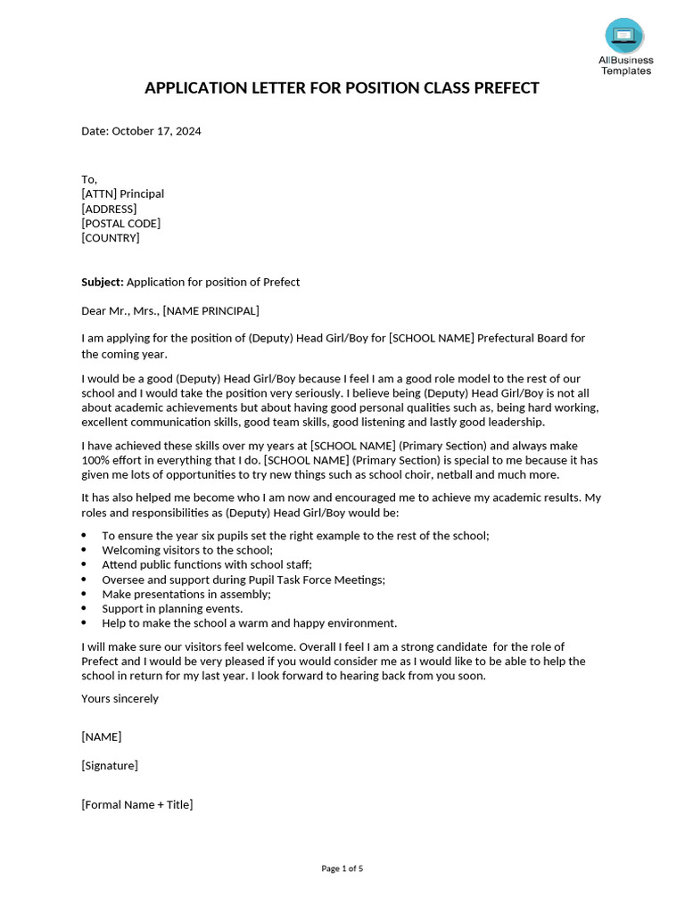 Application For Position of Class Prefect | PDF