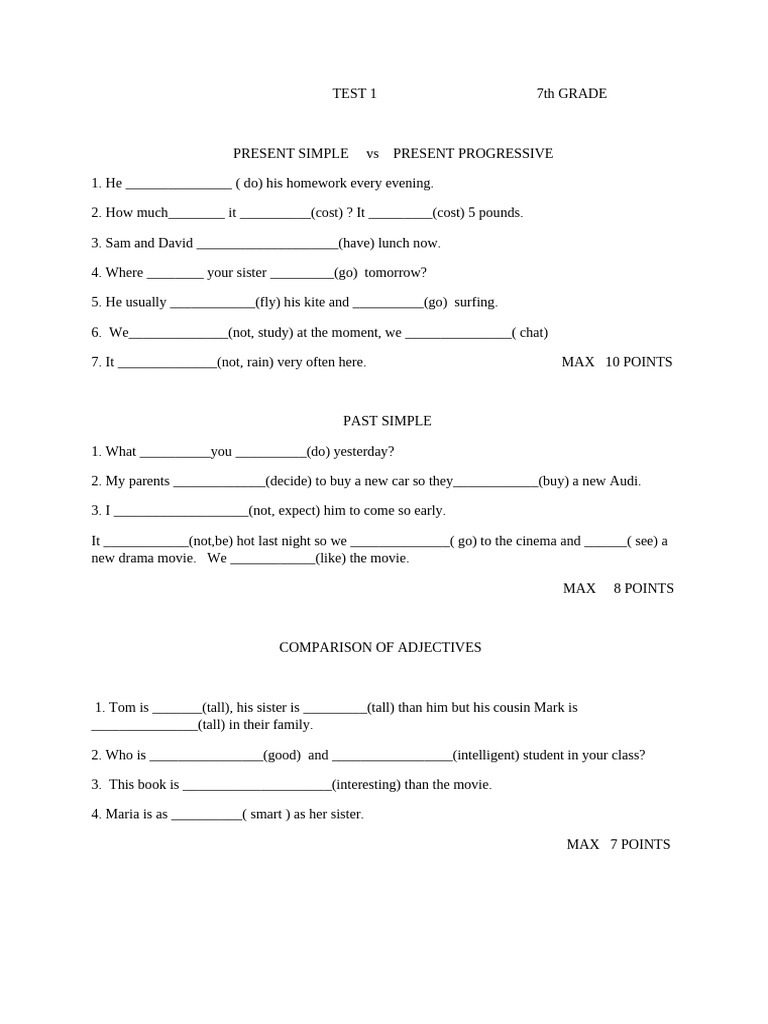 7th Grade English Grammar Test Pdf