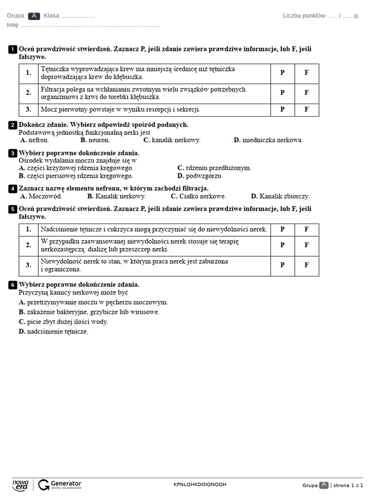 Kartkówka - Układ Moczowy - Lekcje 1, 2 Test (Bez Widocznej Punktacji ...