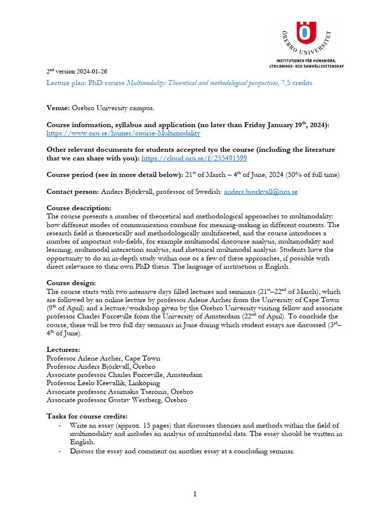 Lecture Plan Multimodality Oru 2024 2nd Ver | PDF | Semiotics ...