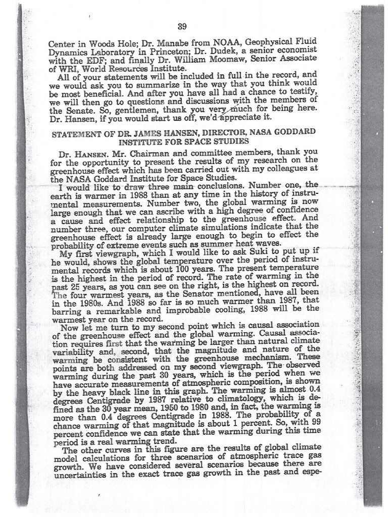 Transcript of James Hansen's 1988 Congressional Testimony | PDF