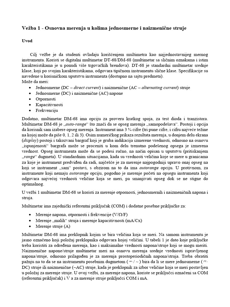 Vežba 1 - Osnovna Merenja U Kolima Jednosmerne I Naizmenične Struje | PDF