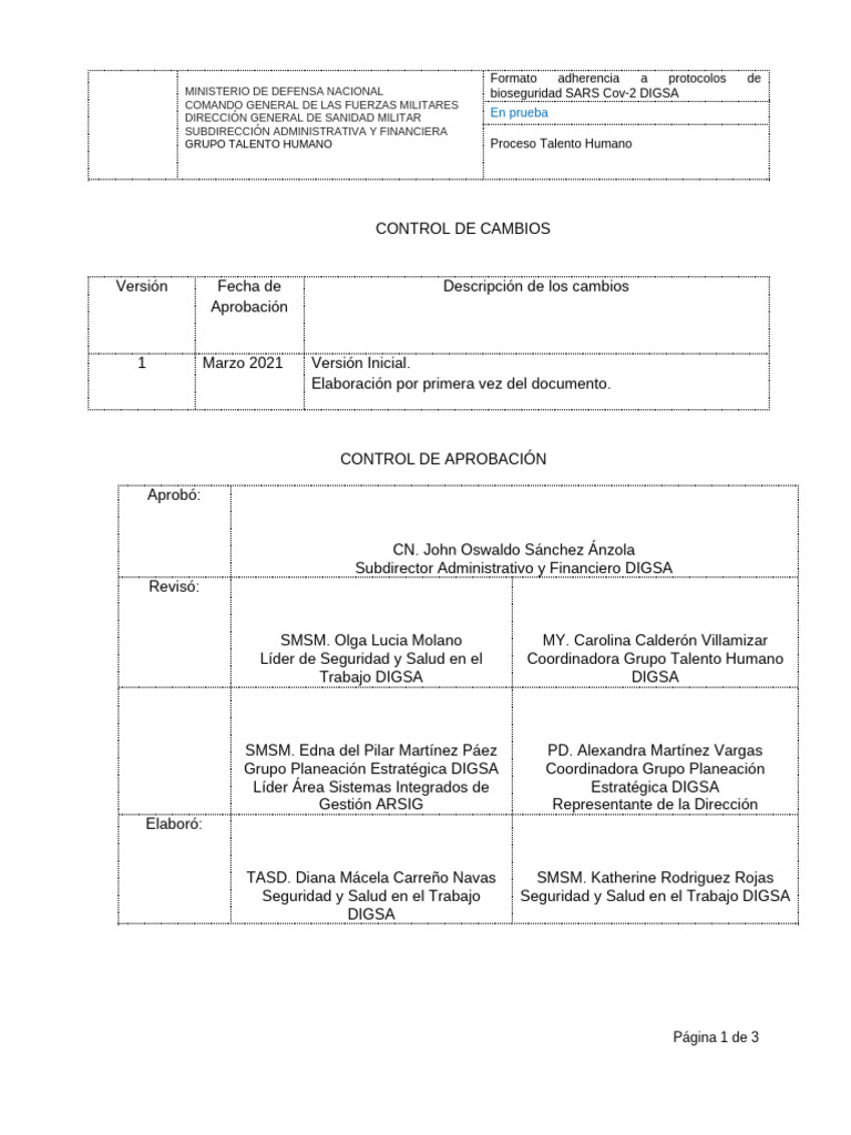 Formato Adherencia A Protocolos de Bioseguridad Sars Cov 2 Digsa | PDF | Relaciones personales ...