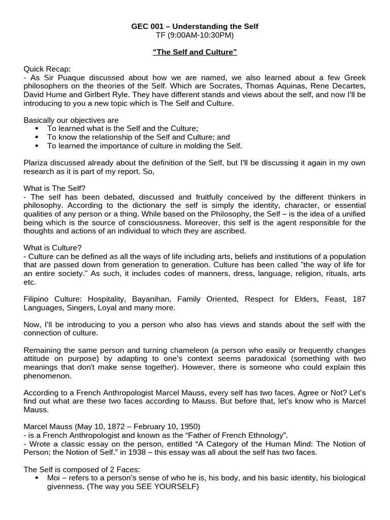 GEC 001 REPORT (The Self and Culture) | PDF | Self | Identity (Social Science)