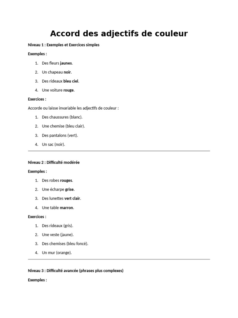 Exercise - Accord Des Adjectifs de Couleur | PDF