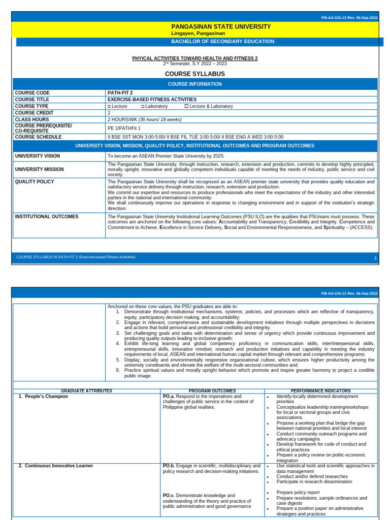 Path Fit 2 Revised Syllabus 2023 Cia | PDF | Physical Fitness | Governance