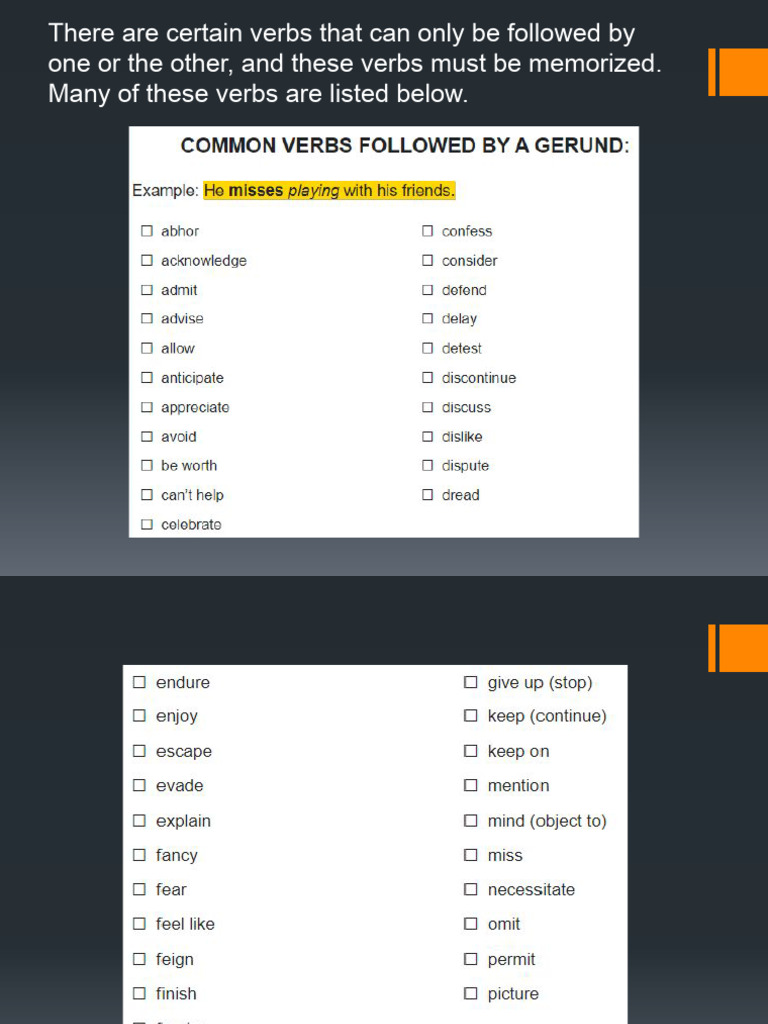 VERBS FOLLOWED BY INFINITIVES OR GERUNDS - PPTX (1) - Removed | PDF