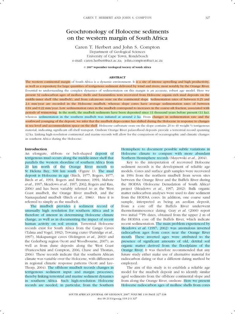 Herbert, Compton 2007 Geochronology of Holocene Sediments On The Western Margin of South Africa ...