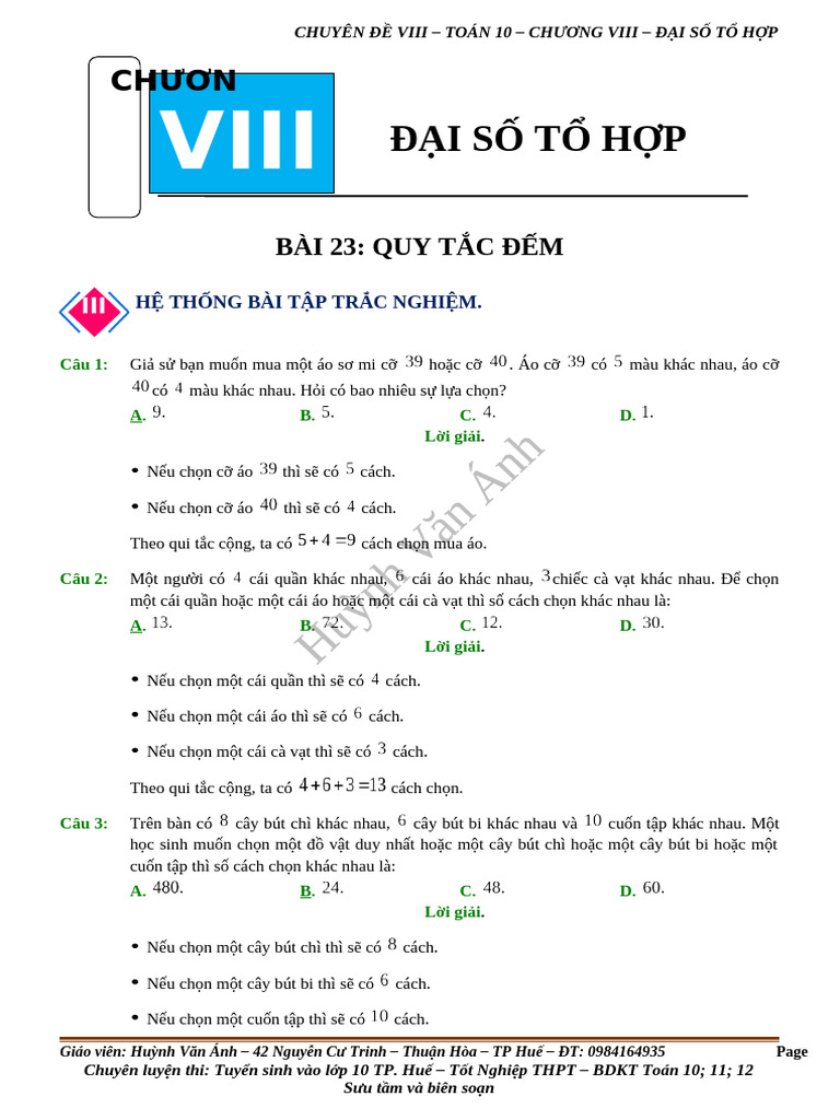 008.23.2 Toan-10 B23 C8 Quy-Tac-Dem Trac-Nghiem HDG | PDF
